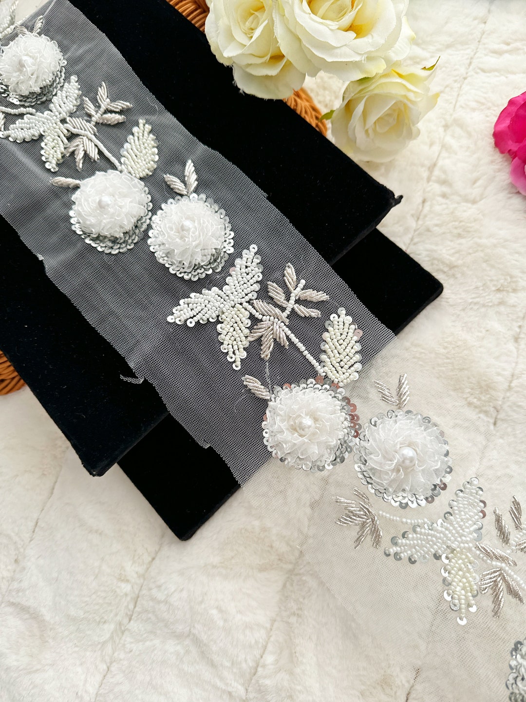 1.10 Meter Cutwork White Ribbon Floral Silver Cutdana Embellished Hand ...