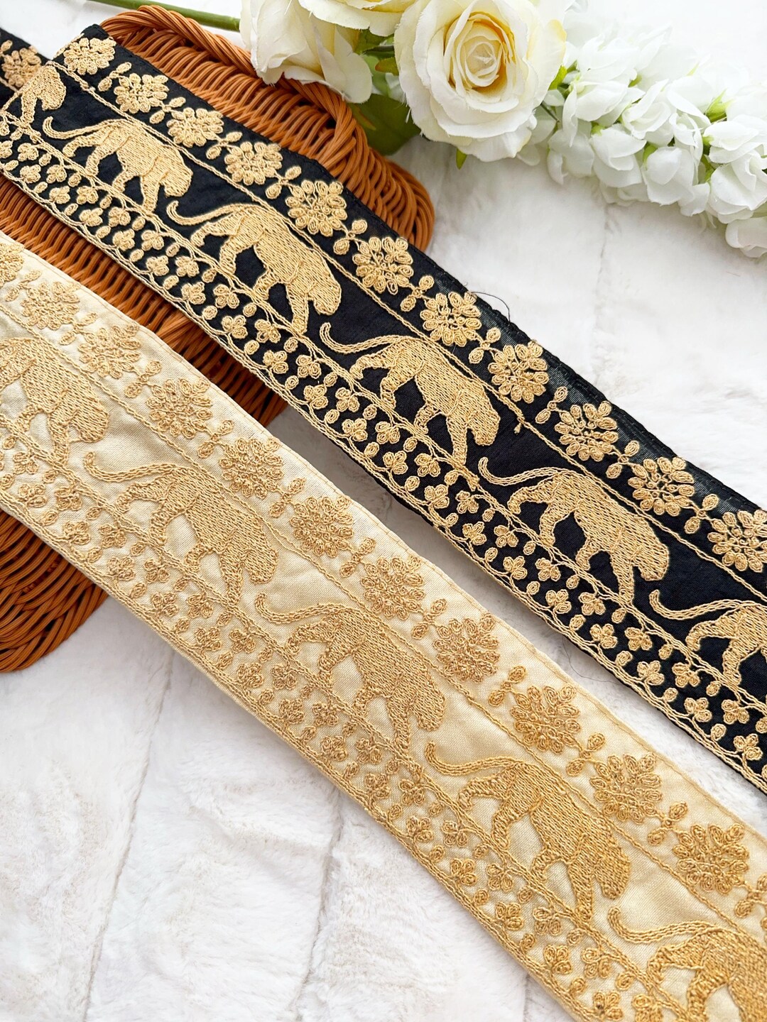 1 Yard Indian Cream/black Zari Embellished Fabric Trim Embroidered ...