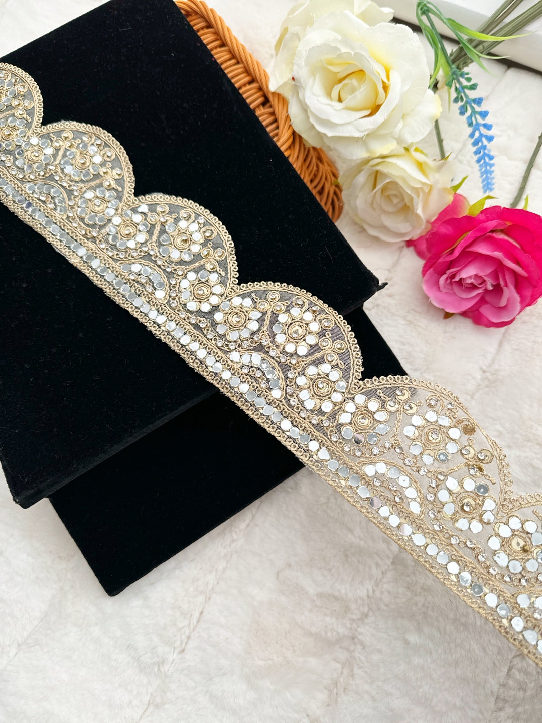 Gold Floral Scallop Zari Trim: Indian Sari Border With Mirror & Stone 1 ...