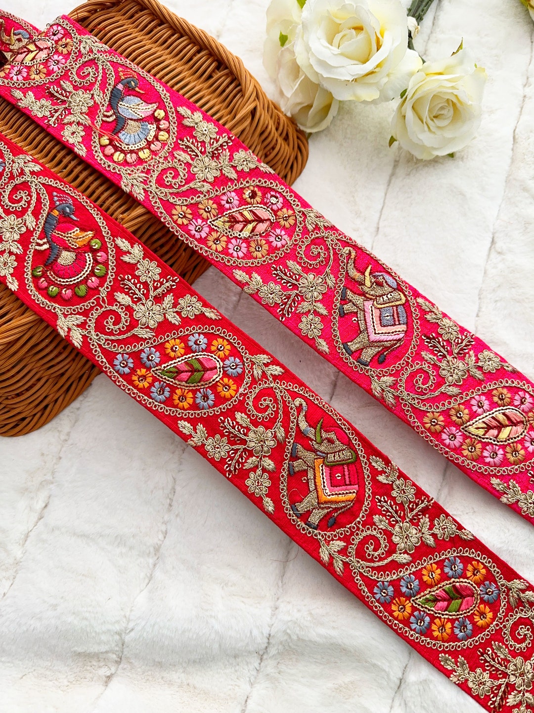 Embroidered Indian Sari Trim: Red & Pink Saree Border, 2.75" Wide - Etsy