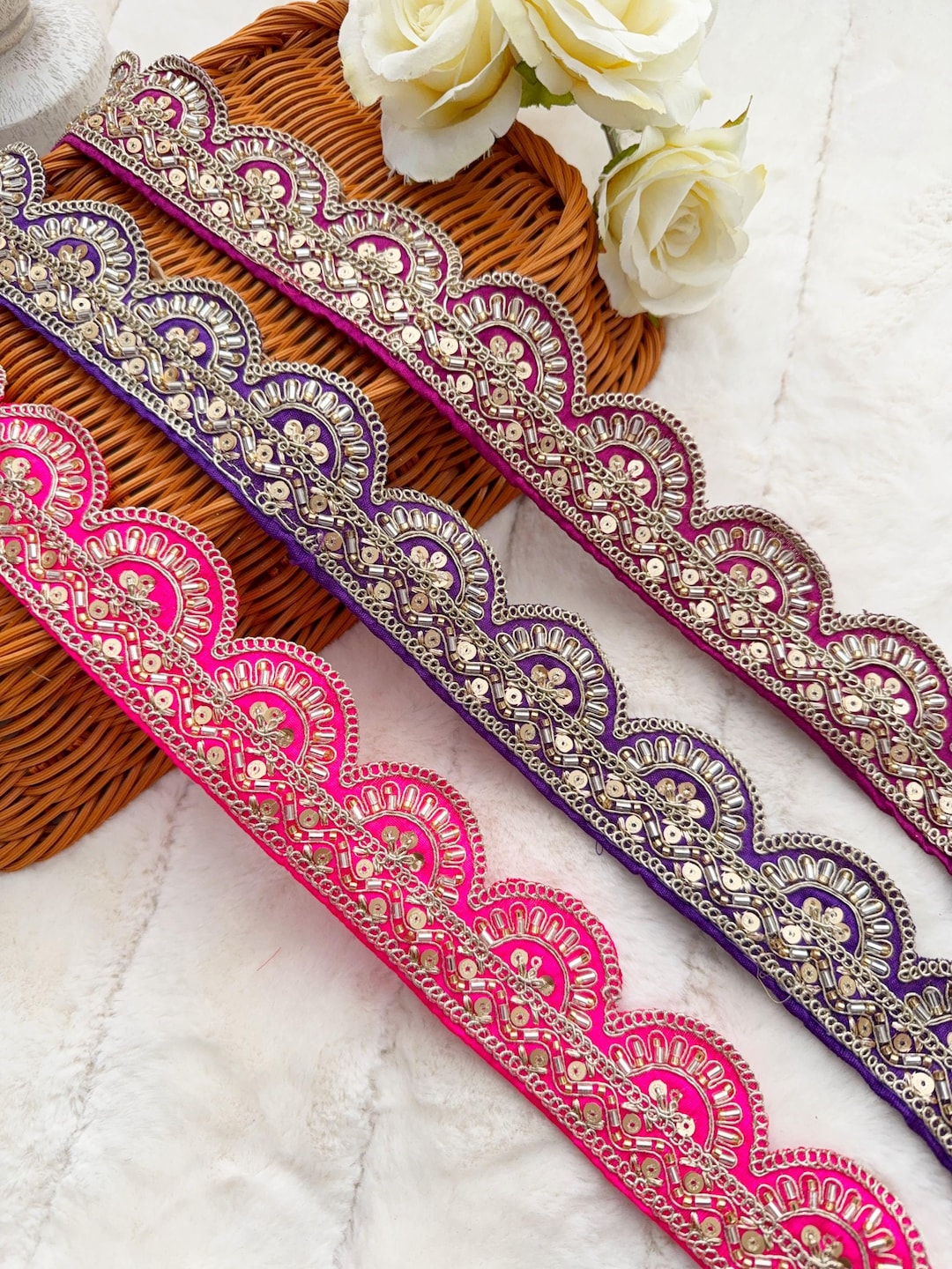 Sequin Cutdana Scallop Lace Trim: Rani Pink, Purple, Magenta - Indian ...