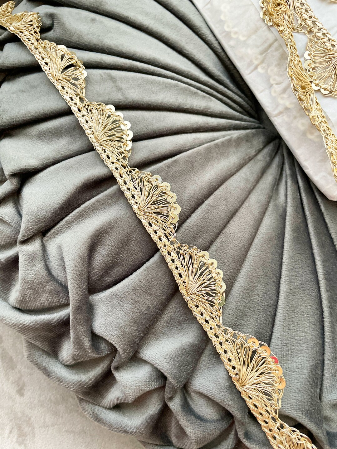 10 Yards Shampion Gold Sequin Embellished Indian Zari Pankhi Scallop Embroidered Craft Sari ...