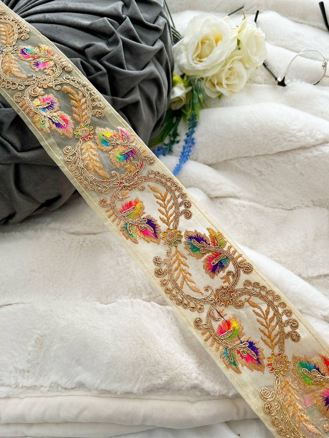 9.5 Yards Fone Net Fabric Zari Embellished Trim Laces Indian ...