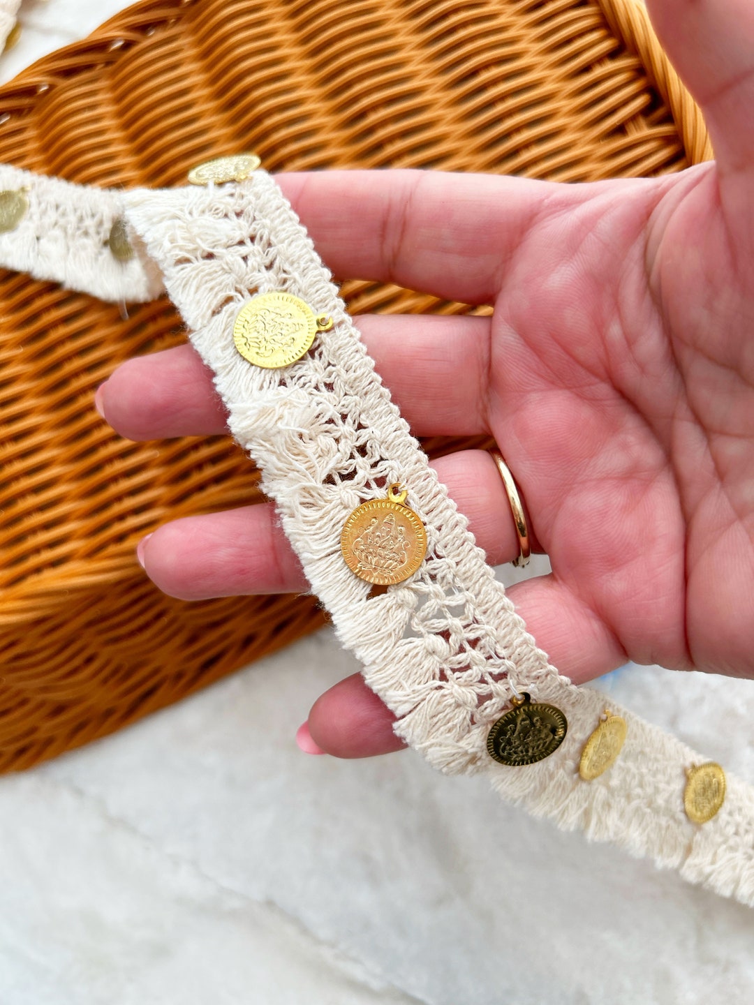 3 Yard Crochet Gold Coin Boho Trim Indian Sari Border Cushions Crafting ...