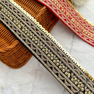 1 Yard Red/black Gold Zari Sequin Embellished Embroidered Dupatta Saree Fabric Sewing Crafting ...