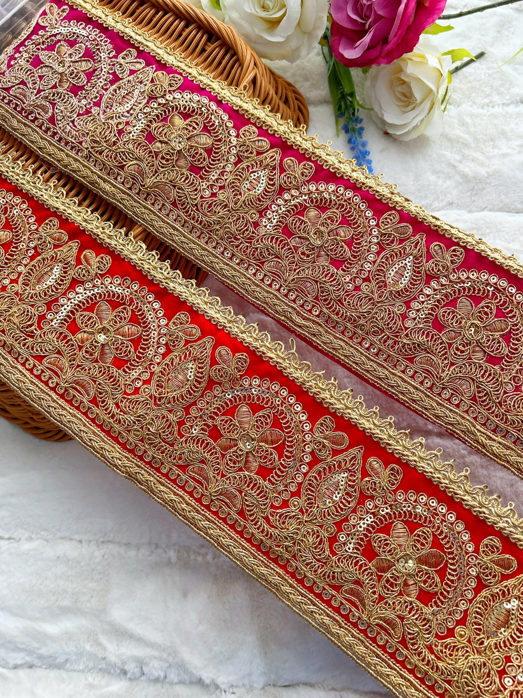 1 Yard Rani Pink/ Red Sequin Embellished Zari Embroidered Indian ...