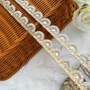 3 Yards Pale Gold/ Gold Mirror Pearl Embellished Indian Zari Scallop Craft Sari Dupatta Kinari ...