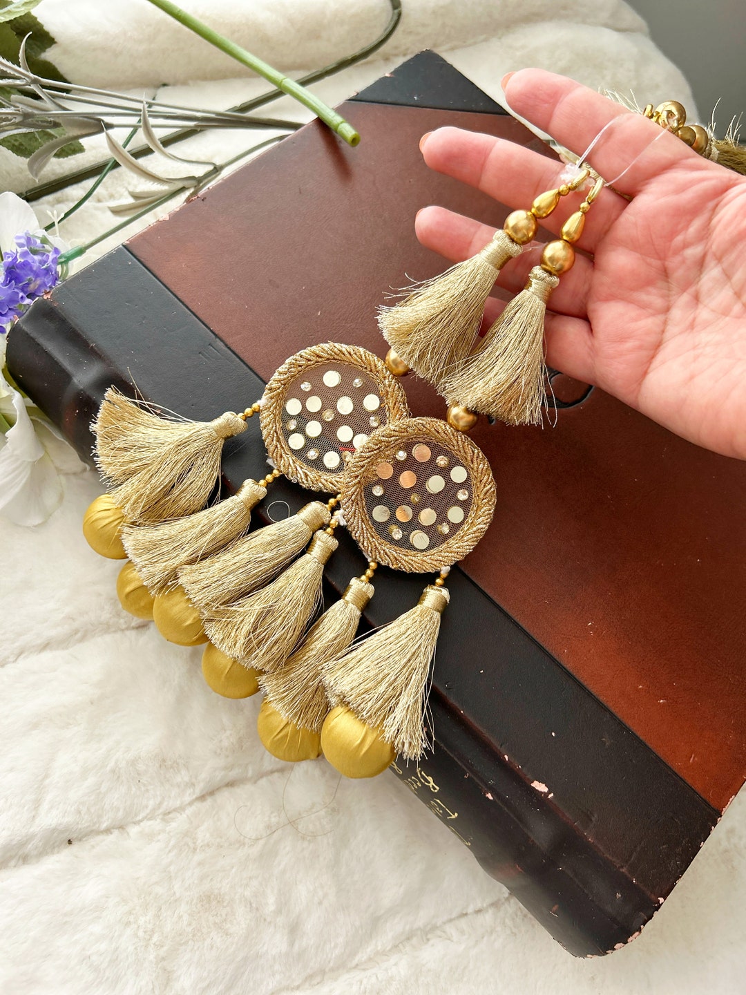 Gold Fringe Bead Pearl Double Sided Net Disc, Purse Hangings, Home ...
