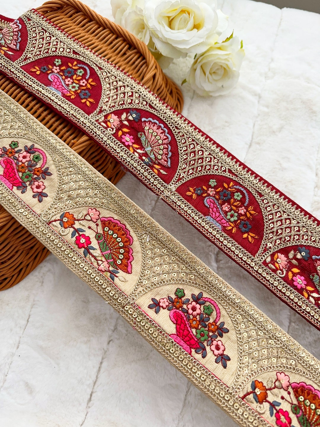 1 Yard Maroon.fone Indian Sari Fabric Gown Trim Embroidered Saree ...