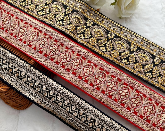 Mixed Bag of 3 Remnants Indian Assorted Embroidered Trims, Decorative ...