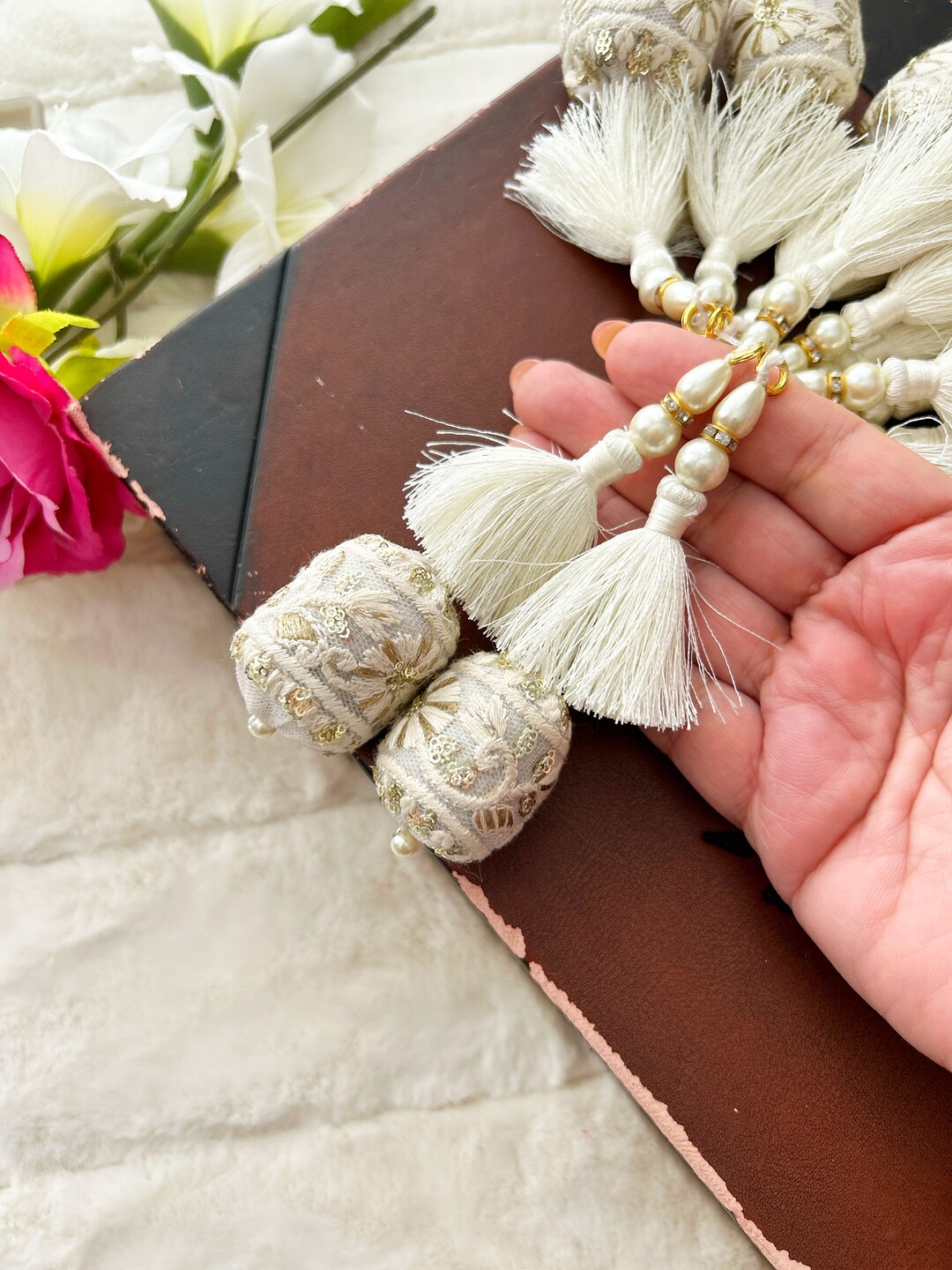 2 Pieces White Sequin Pearl Gota Embroidered Tassels Indian Viscose ...