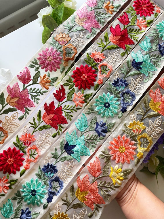 1 Yard Multicolour Indian Floral Embroidered Trim Cushion - Etsy