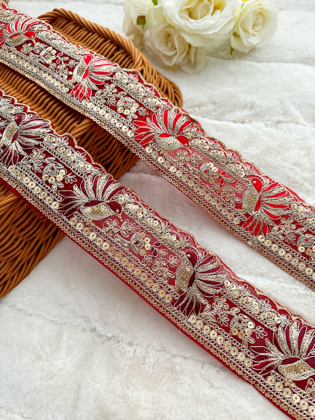 1 Yards Indian Red/ Maroon Bridal Bird Floral Saree Border Net Fabric ...