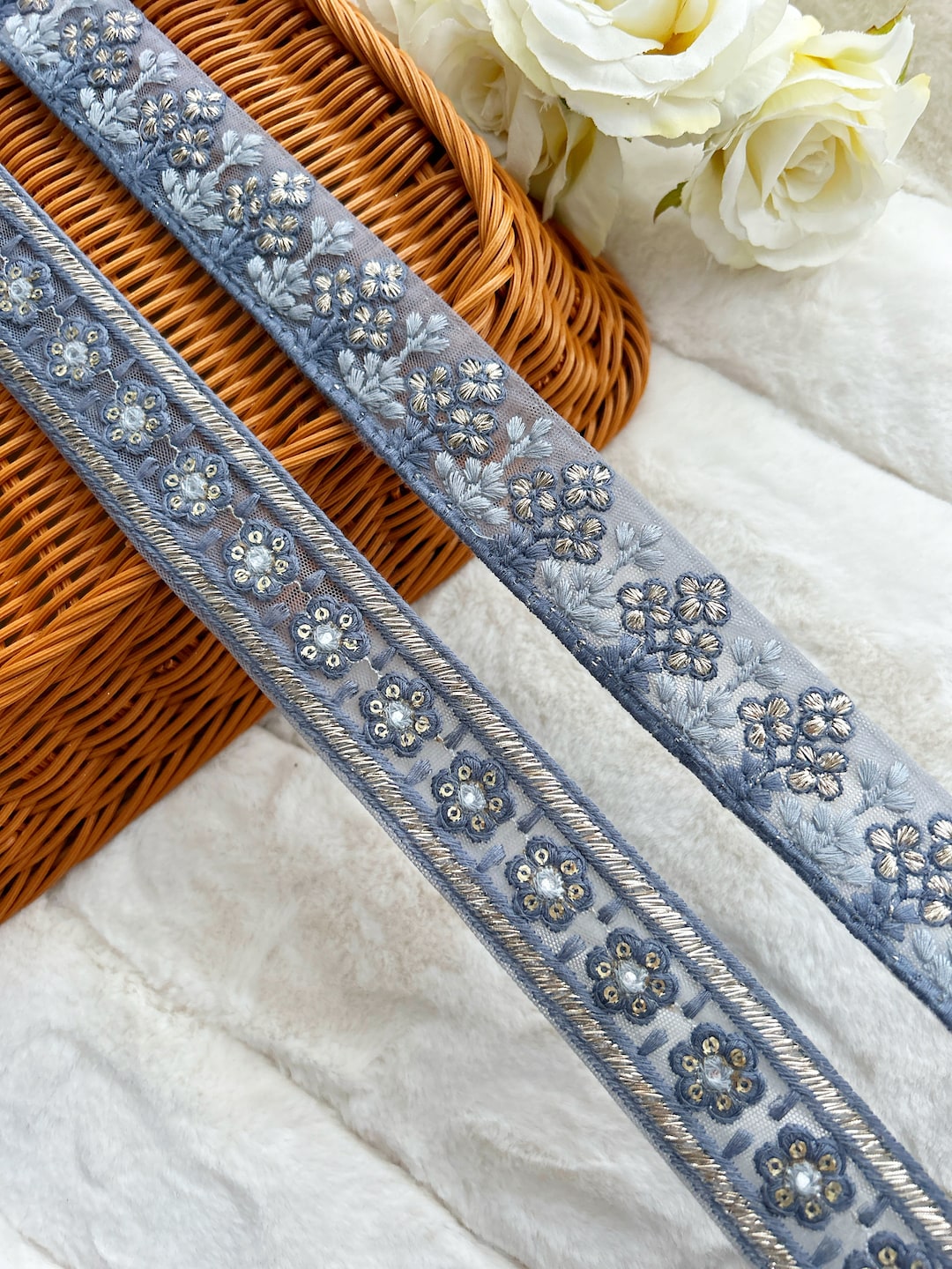 Grey Floral Embroidered Trim: Sequin Flower Saree Ribbon, 1 Yard - Etsy