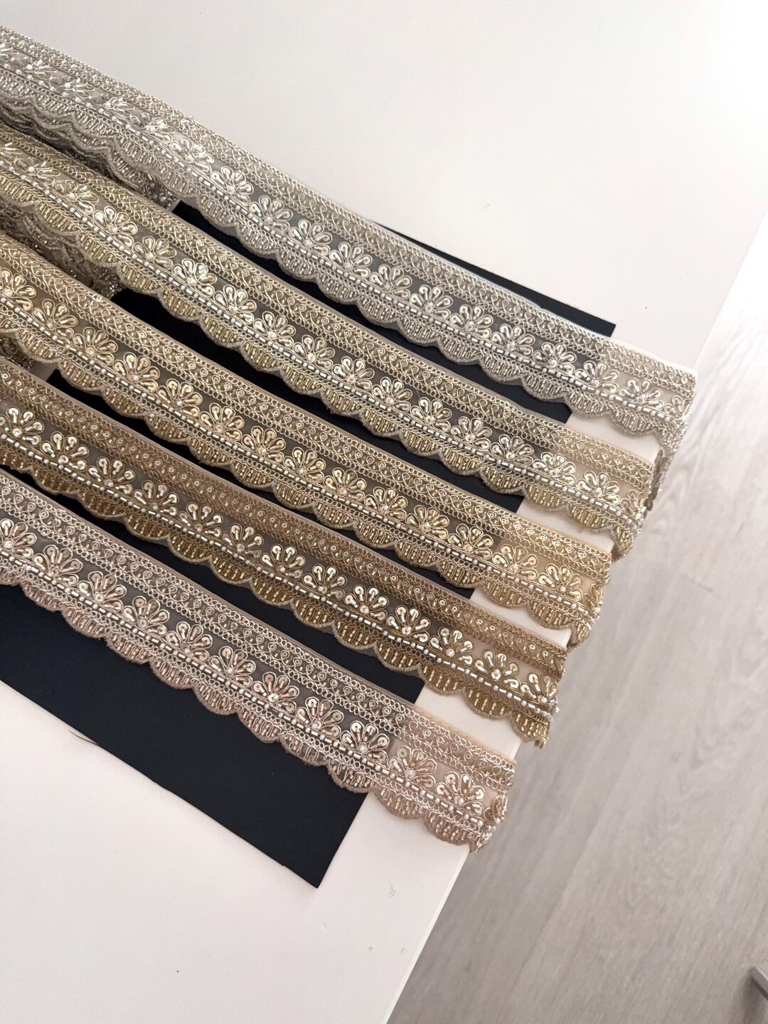 Indian Bridal Scallop Net Lace Trim 5.5cm Zari Cutdana Sequin Pearl 9.5 ...
