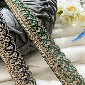 9.5 Yards Navy Blue/ Bottle Green Indian Gold Zari Sequin Embroidered Scallop Lace Trim Border ...