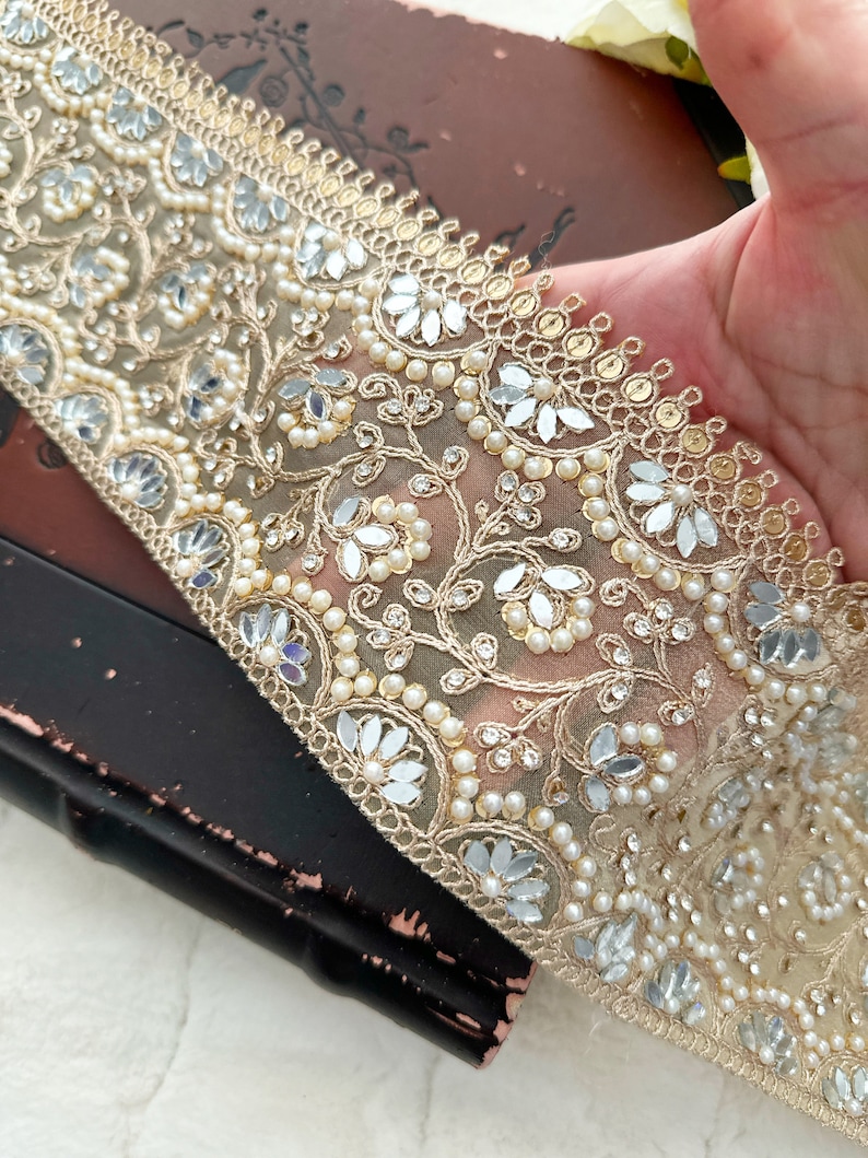 1 Yards Pale Gold Indian Sequin Pearl Mirror Embellished Net Fabric ...