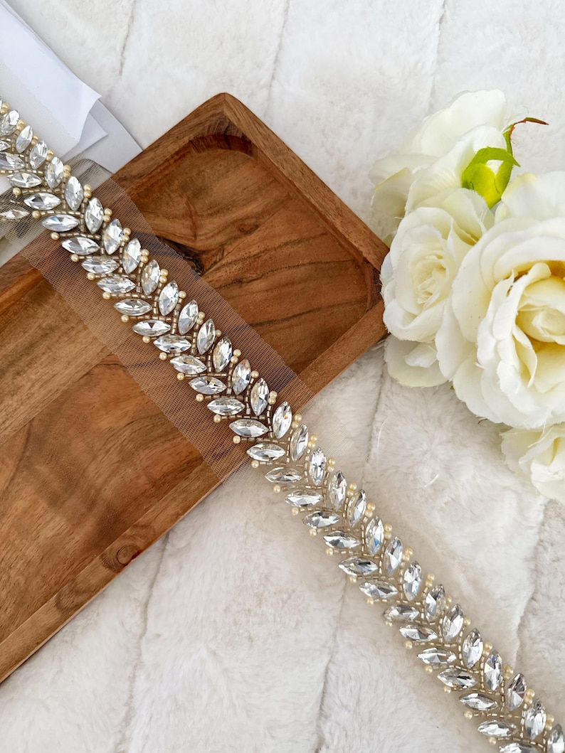 Cream Net Crystal Pearl Beaded Trim: Bridal Belt Sashes, Fashion ...