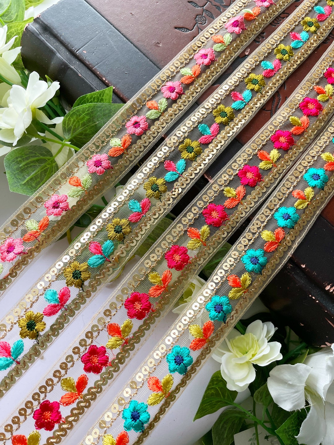 Sequin Floral Embroidered Trim: Multicolour Indian Net, 3.3cm Wide - Etsy