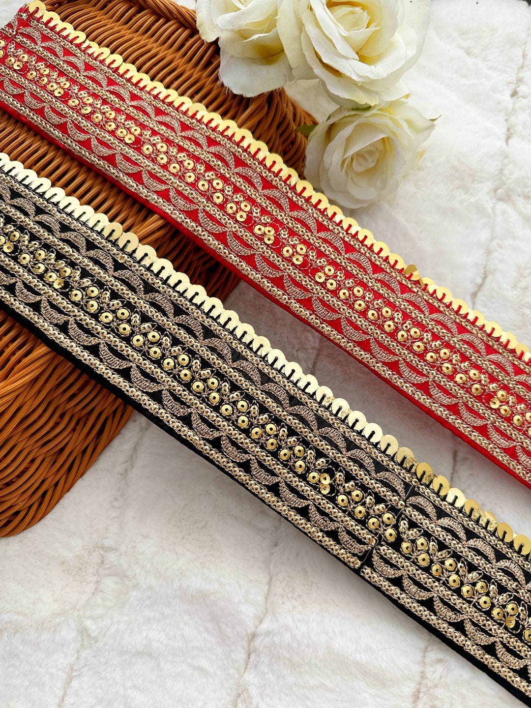 1 Yard Red/black Gold Zari Sequin Embellished Embroidered Dupatta Saree Fabric Sewing Crafting ...