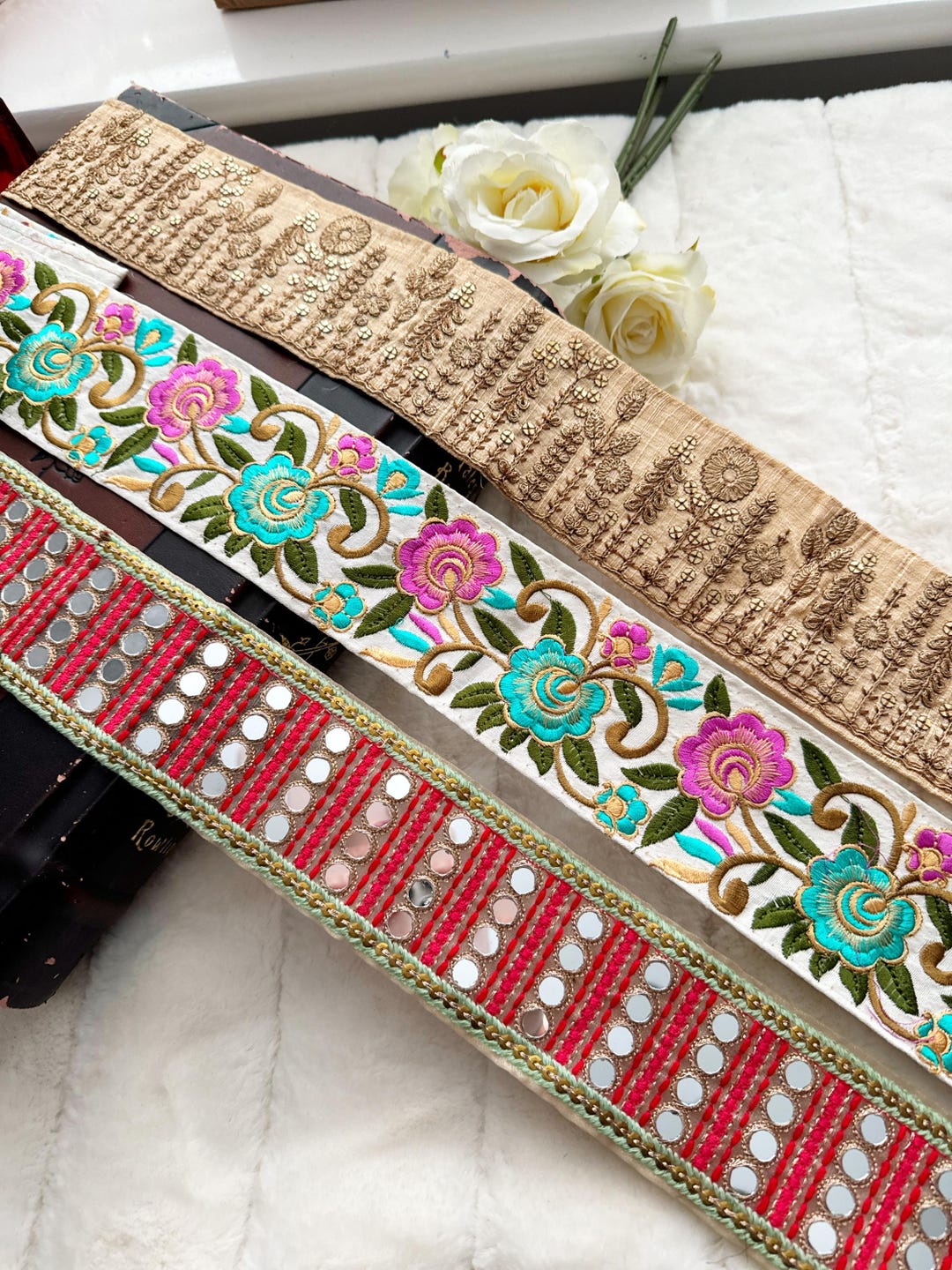 Mixed Bag of 3 Remnants Indian Assorted Embroidered Trims, Decorative ...