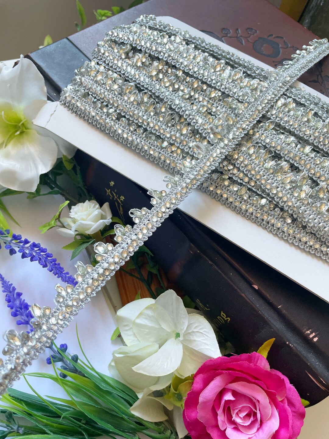 1 Meter/3 Yards/9.5 Yards Silver Latest Zari Stone Work Lace Trim, Edge ...