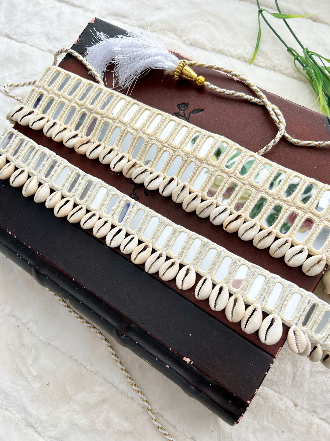 Indian Cream Mirror Work With Cowrie Shells Dori Tassel Embroidered ...