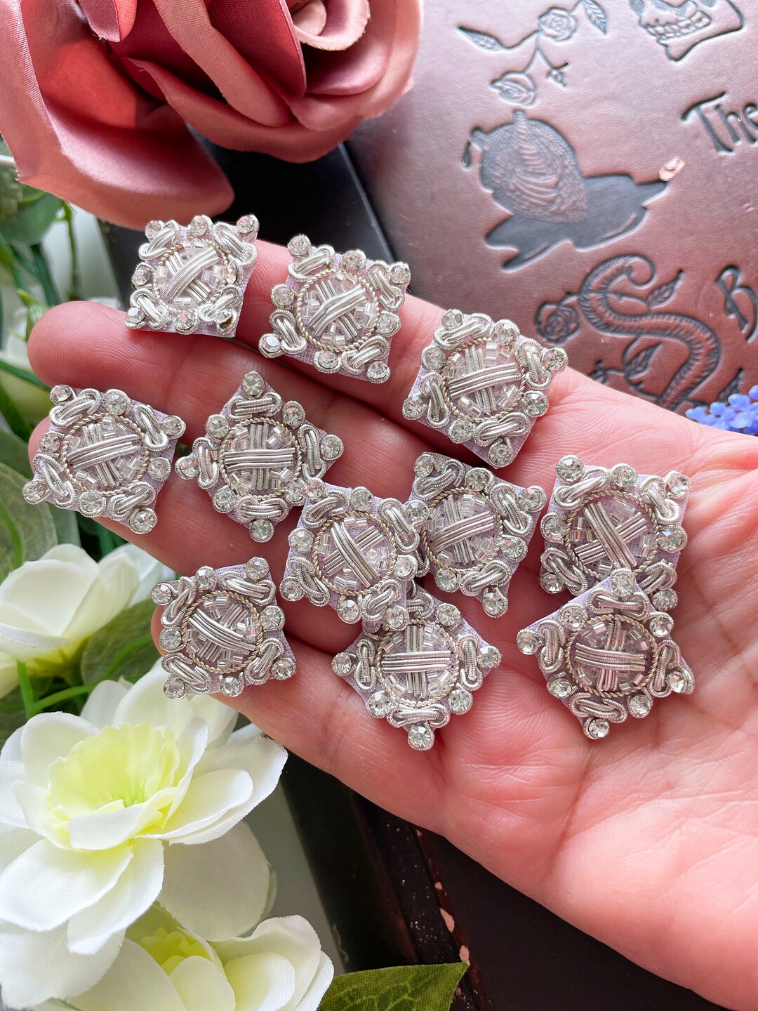 Silver Zardosi Zari Square Applique, Rhinestone Stone Embellished ...