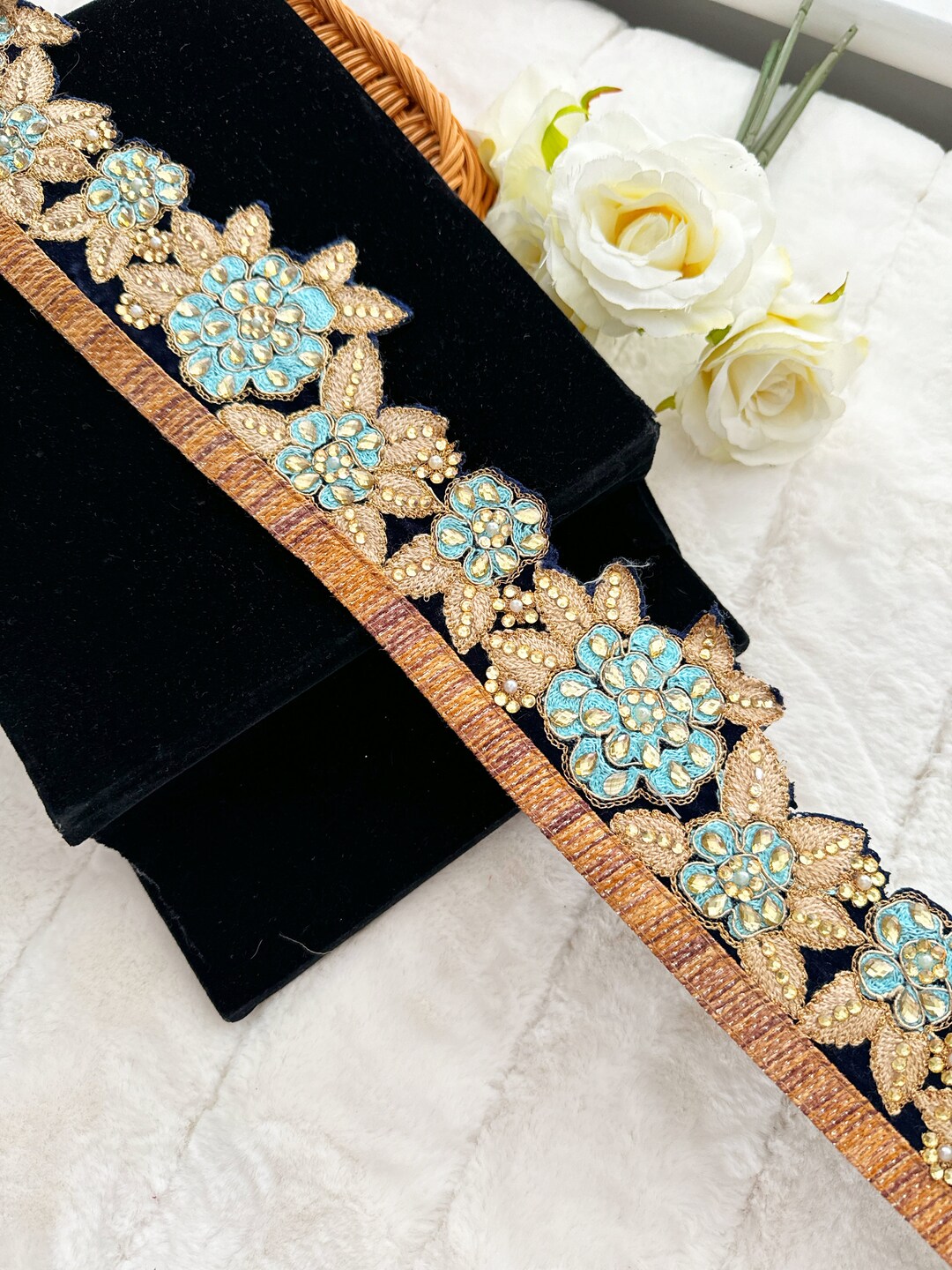 1 Yard Indian Navy Blue Fabric Blue Gold Cutwork Floral Stone ...