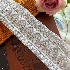 1 Yards White Indian Floral Zari Mirror Stone Embellished Embroidered ...