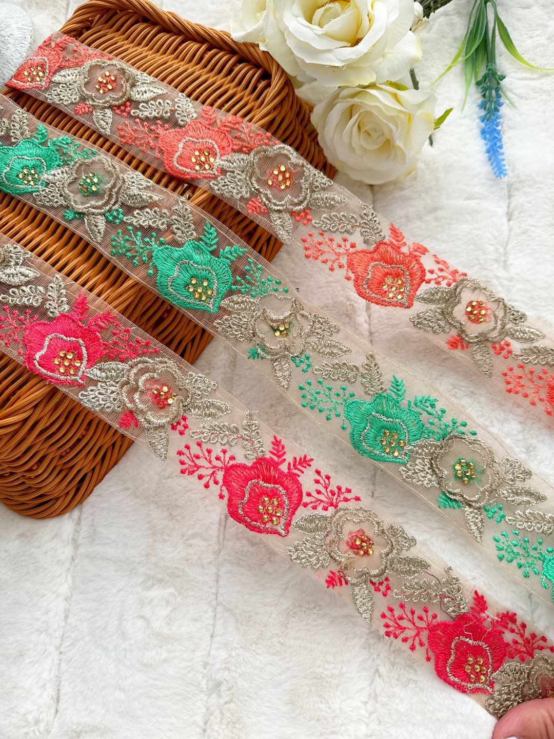 Floral Embroidered Net Lace Trim: Gajri Pink, Green, Peach, 9.5 Yards ...