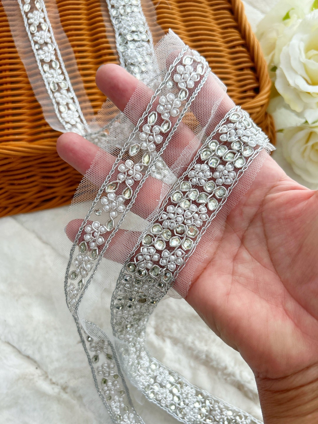 1 Yard Silver White Indian Pearl Stone Zardosi Embellished Hand ...