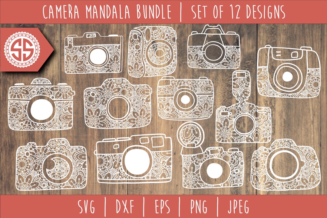 Camera Mandala Zentangle Bundle - Set of 12 SVG Cut File (digital ...