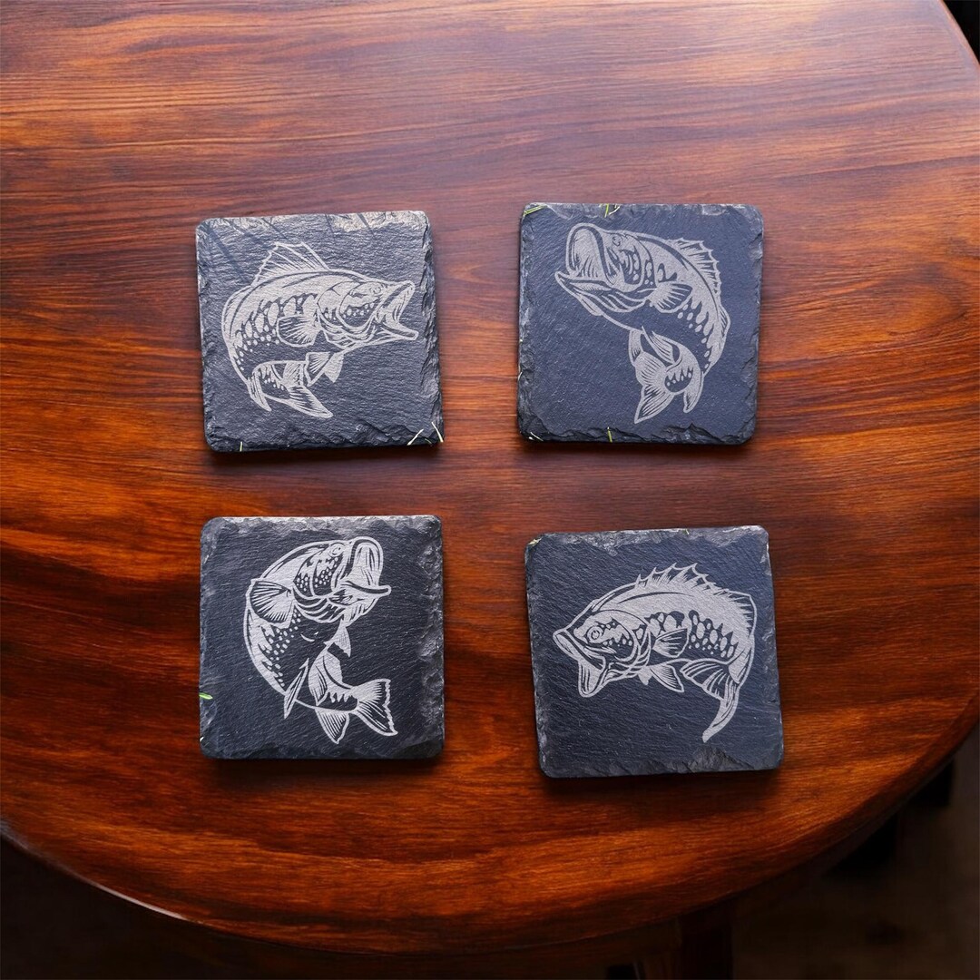 Bass Fish Engraved 4 Inch Square Circle Slate Rock Coaster Set of 4 - Etsy