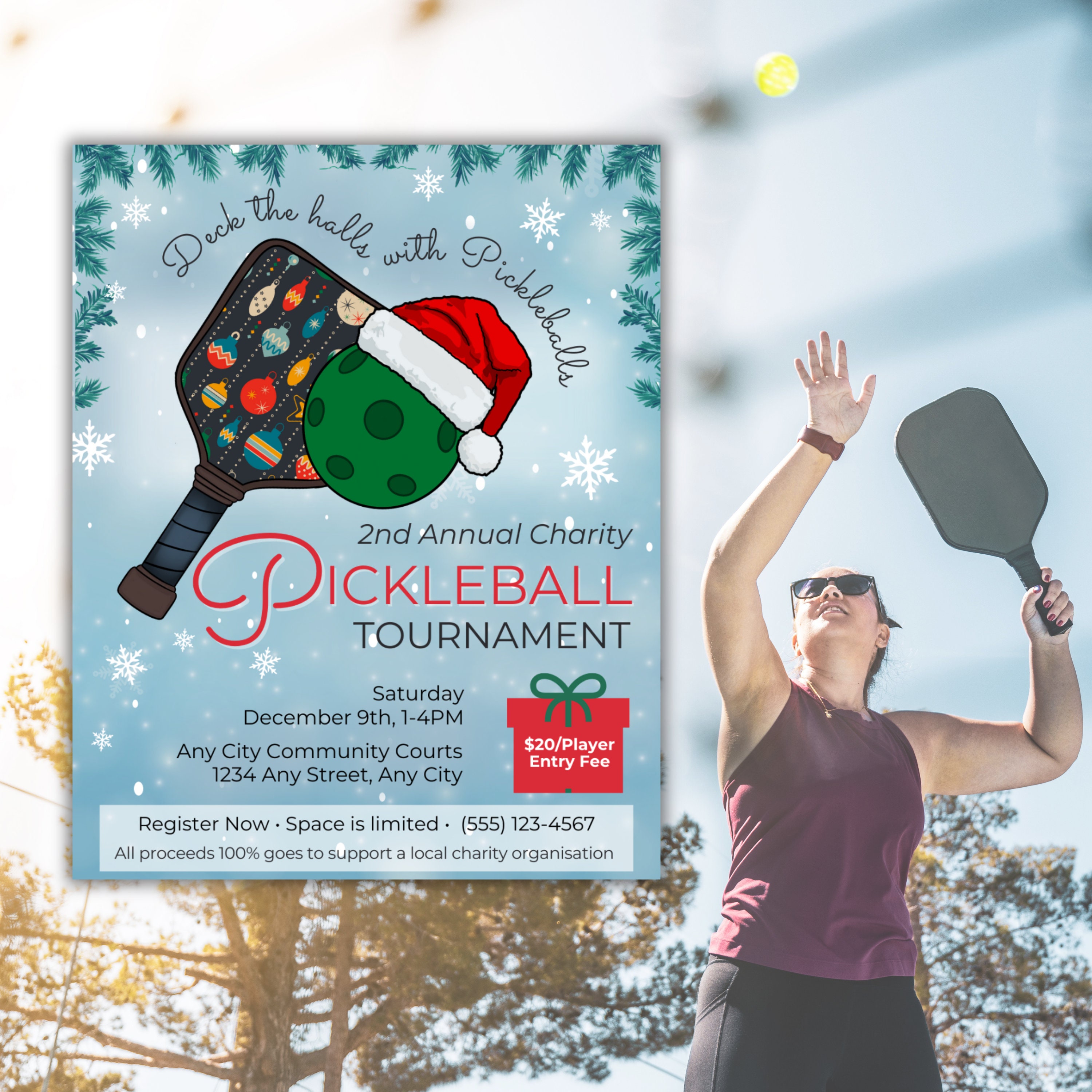 Pickleball Holiday Tournament Printable Flyer & Social Media Ads Evite ...