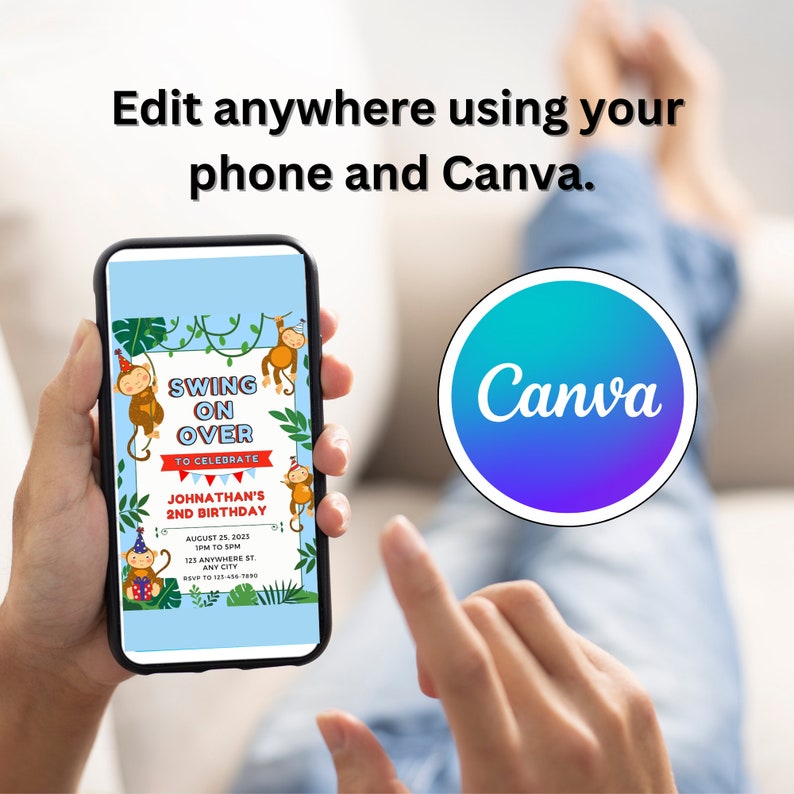 Save Time! Monkey Jungle Theme Kids Birthday Invitation Digital Template. Customize Easily in ...