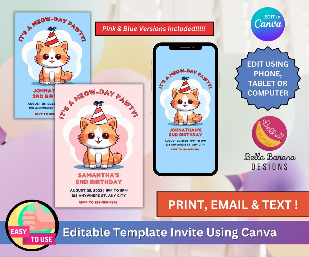 Kitty Cat Theme Birthday Party Digital Invite- Easily Editable in Canva ...