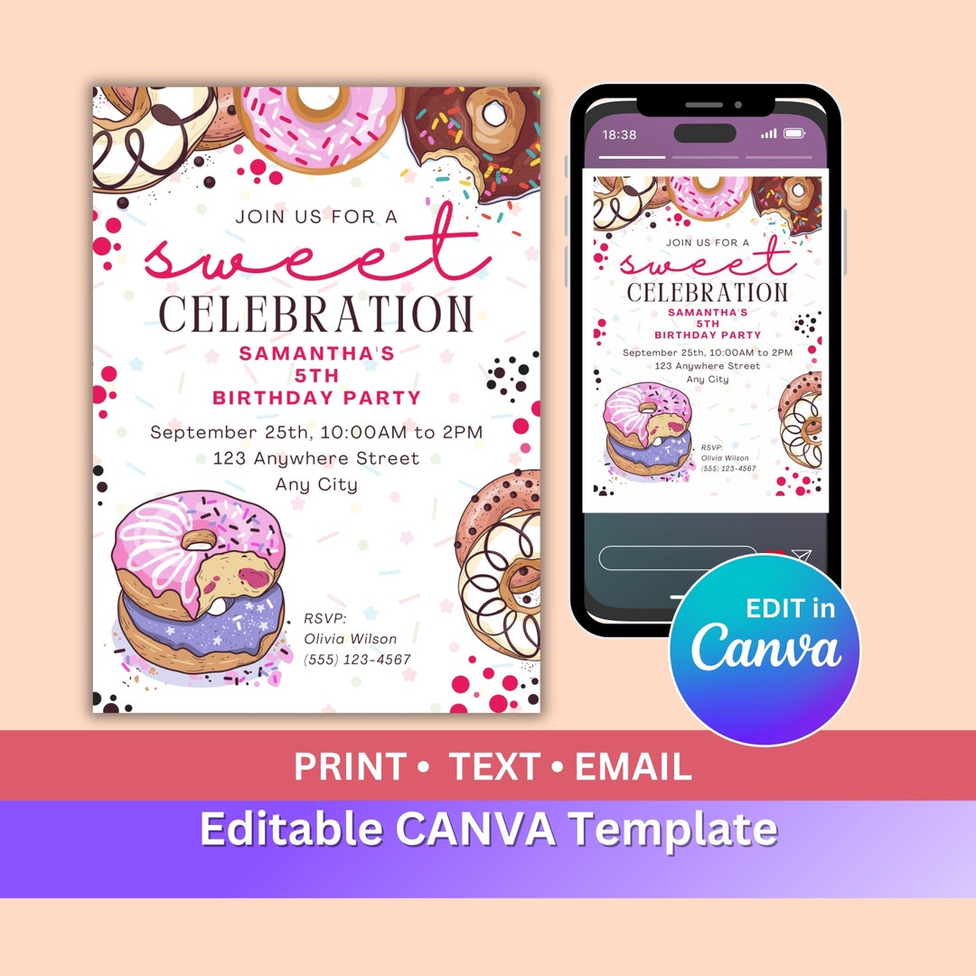 Donuts Birthday Party Invite Template. Donut Dessert Cake Treats ...