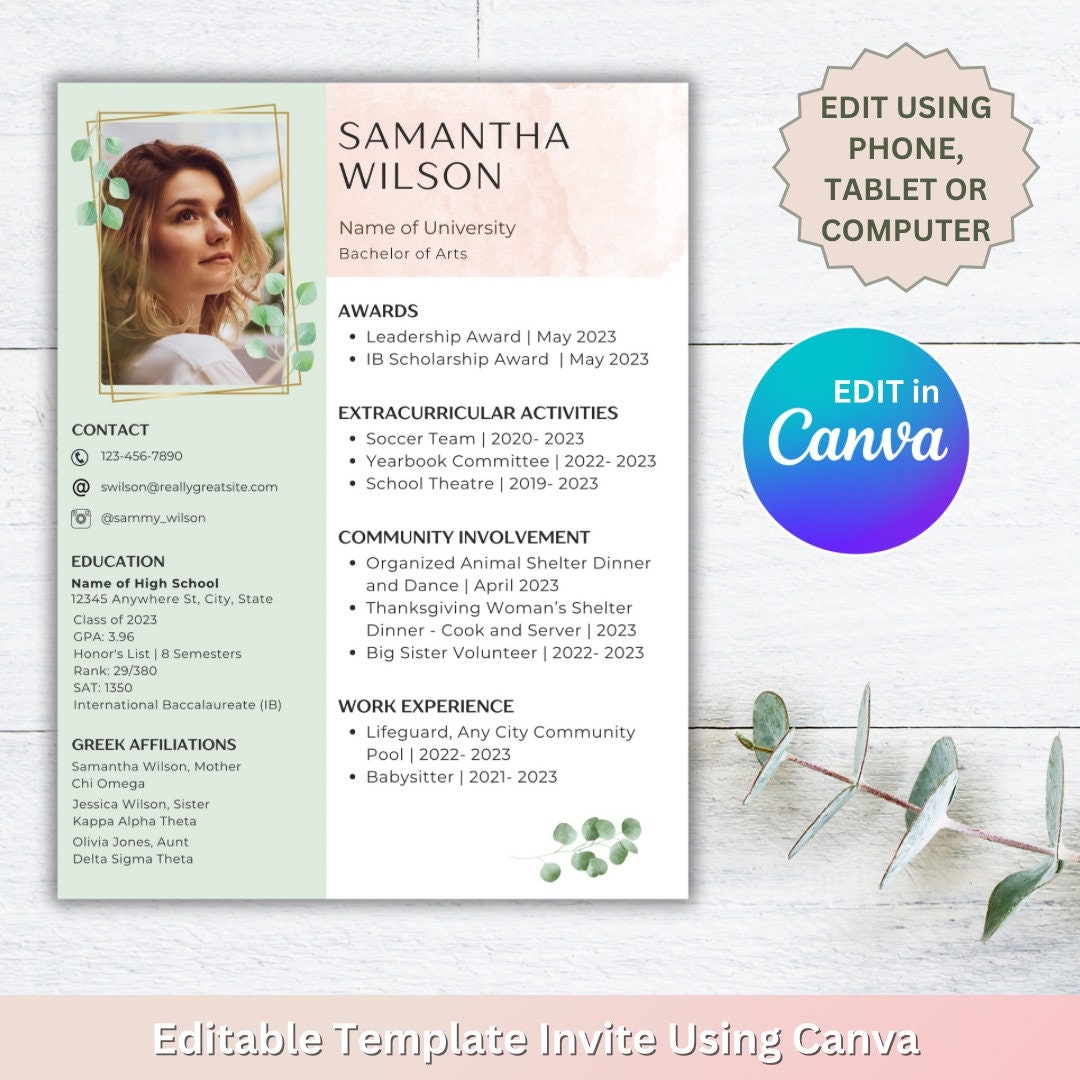 Elegant Botanical Sorority Resume Template and Bonus Cover Letter ...