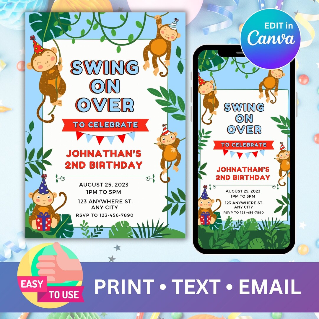Save Time! Monkey Jungle Theme Kids Birthday Invitation Digital ...