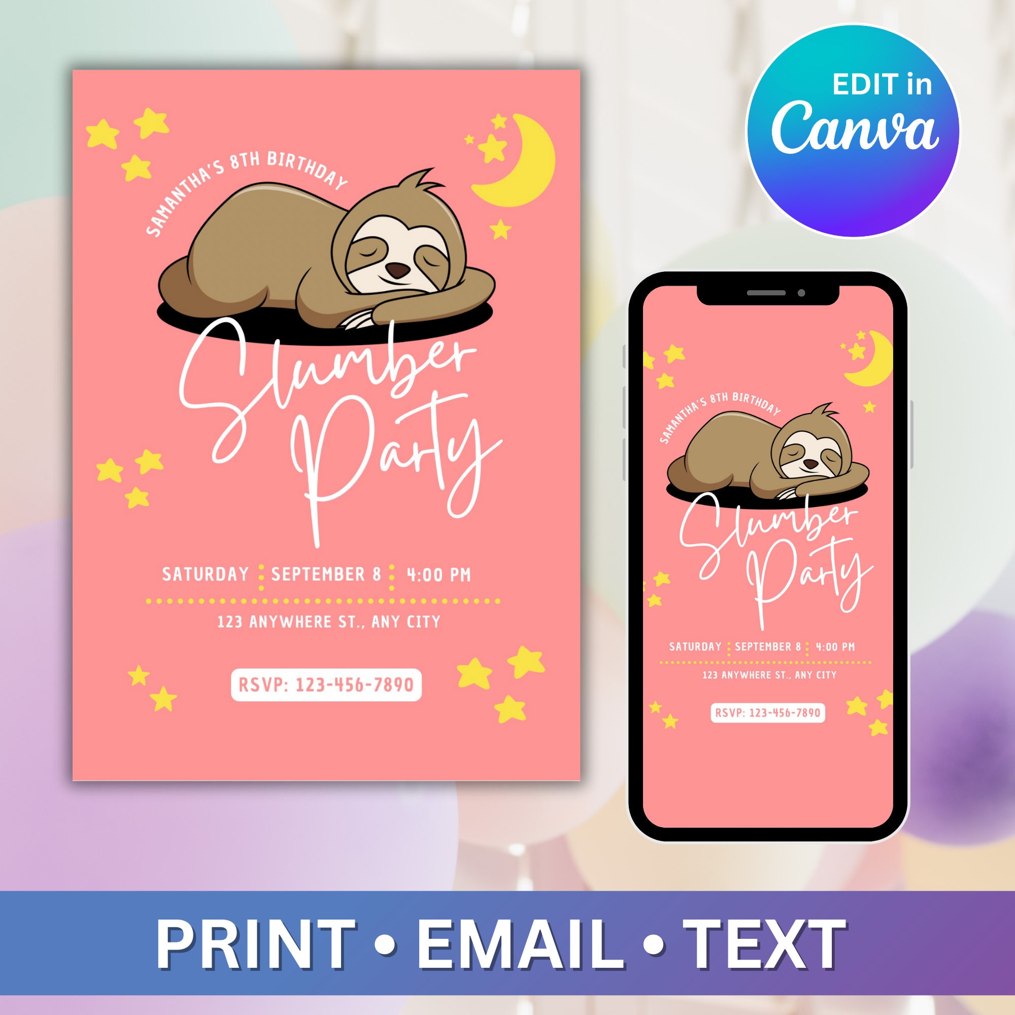 Editable Canva Children’s Birthday Slumber Party Invitation: Adorable ...