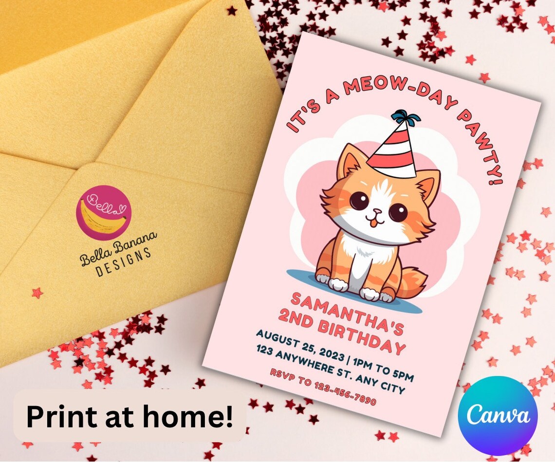 Kitty Cat Theme Birthday Party Digital Invite- Easily Editable in Canva ...