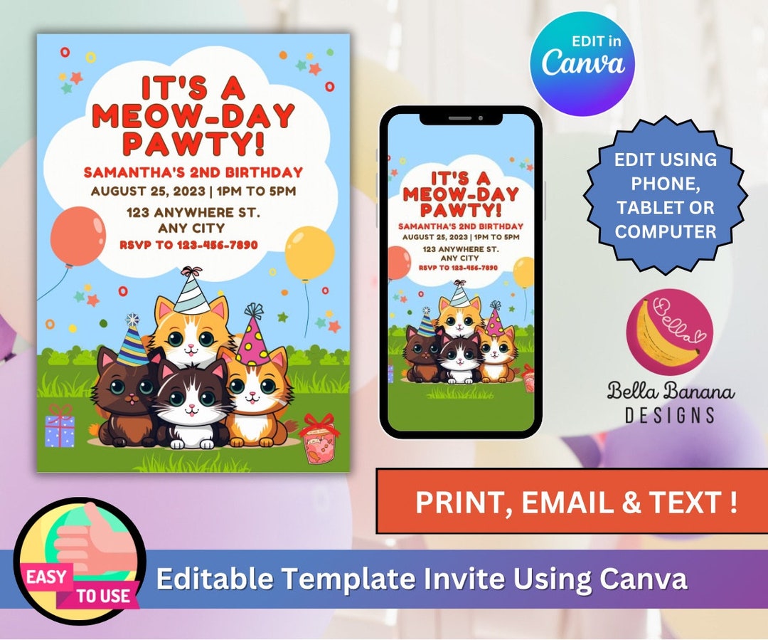Editable Digital Meowday Pawty Birthday Invitation Free Customization ...
