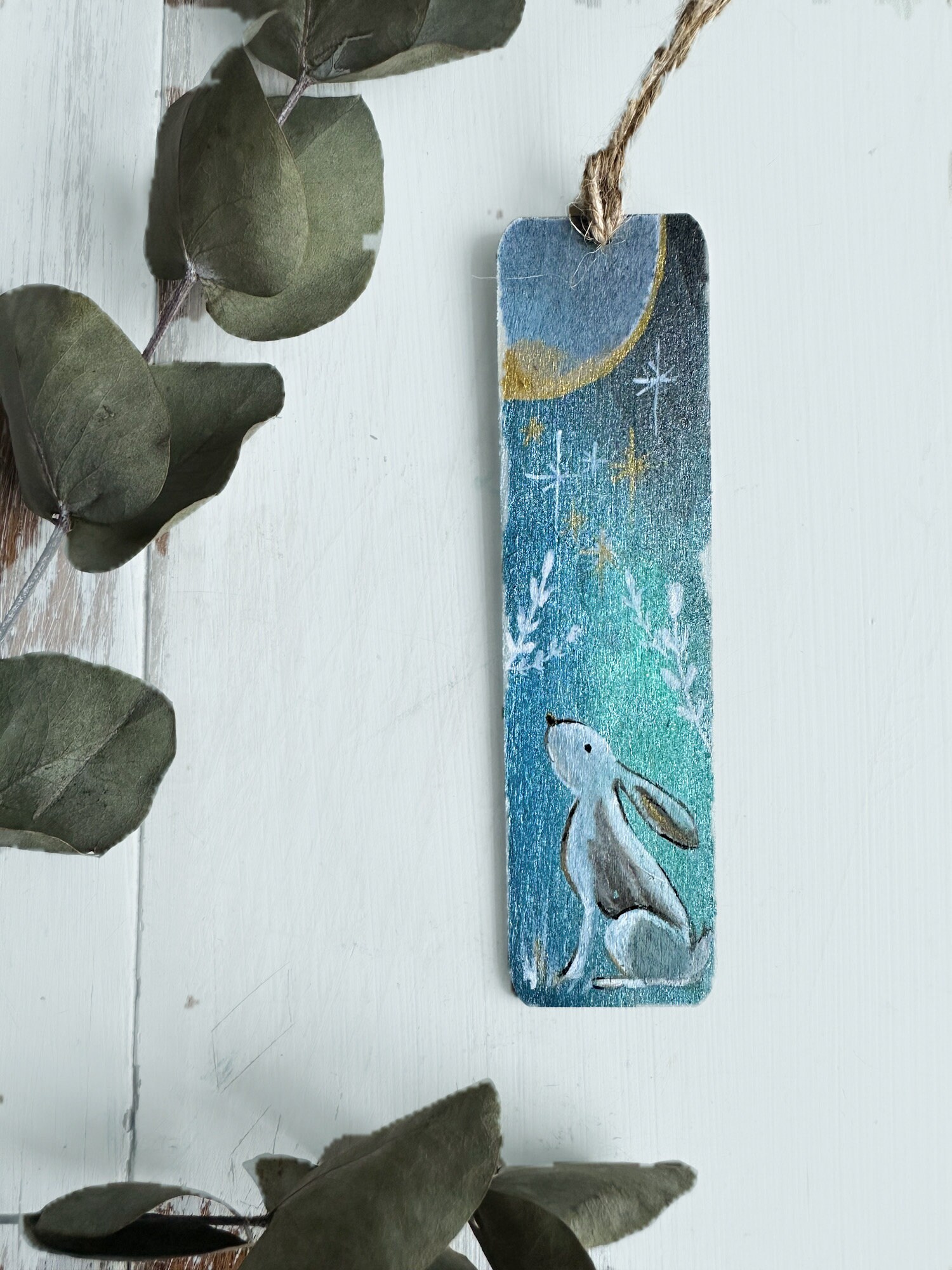 Hare Wooden Bookmark | Moon Gazing Hare | | Painted Bookmark | Woodland ...