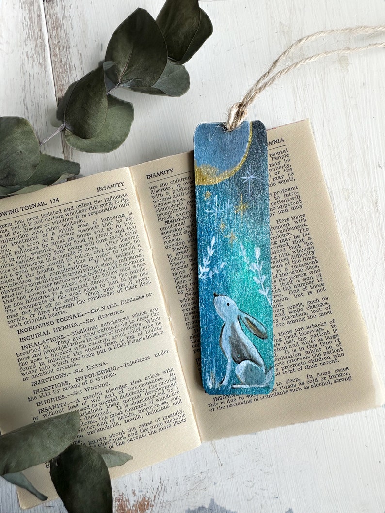 Hare Wooden Bookmark | Moon Gazing Hare | | Painted Bookmark | Woodland Animal | Enchanted ...