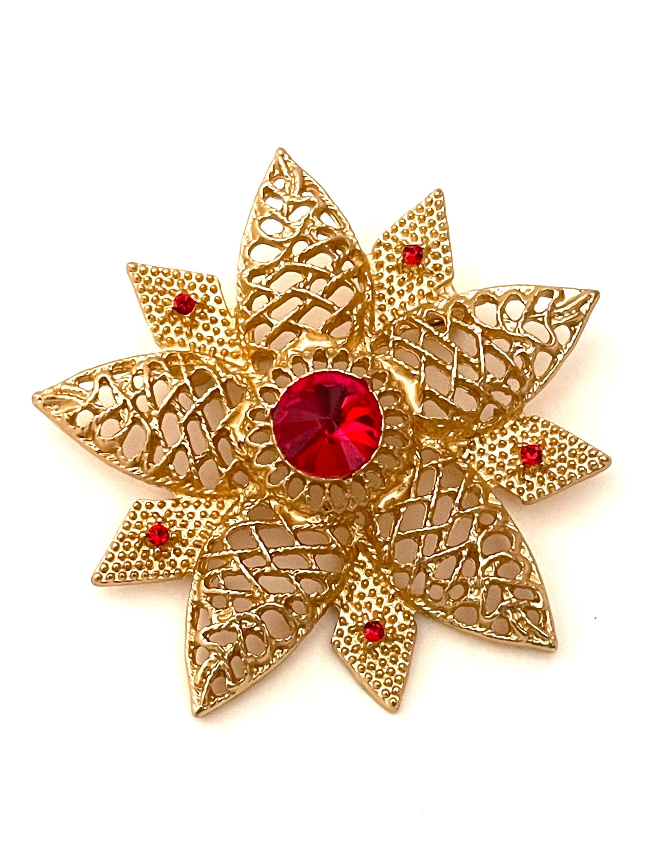 Huge Vintage Golden Sunburst Red Rhinestones Brooch Pin Jewelry BX74 - Etsy