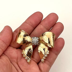 Huge Ribbon Gold Tone Rhinstone Brooch Pin Jewelry BX70 - Etsy