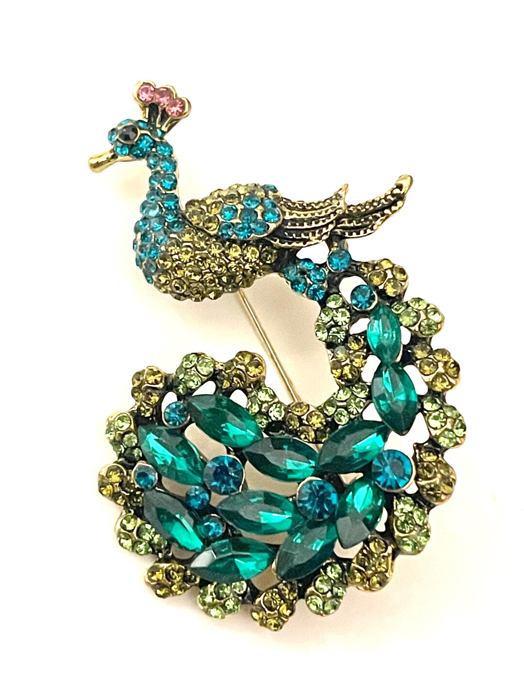 Peacock Green Rhinestones Brooch Pin Jewelry ZX64 - Etsy