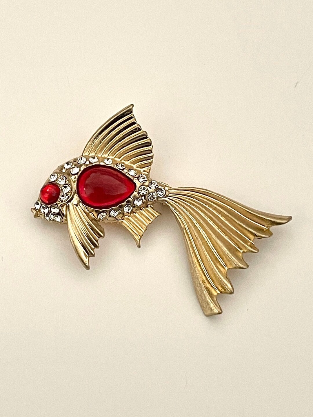 Vintage Gold Fish Red Stone Brooch Pin BX63 - Etsy