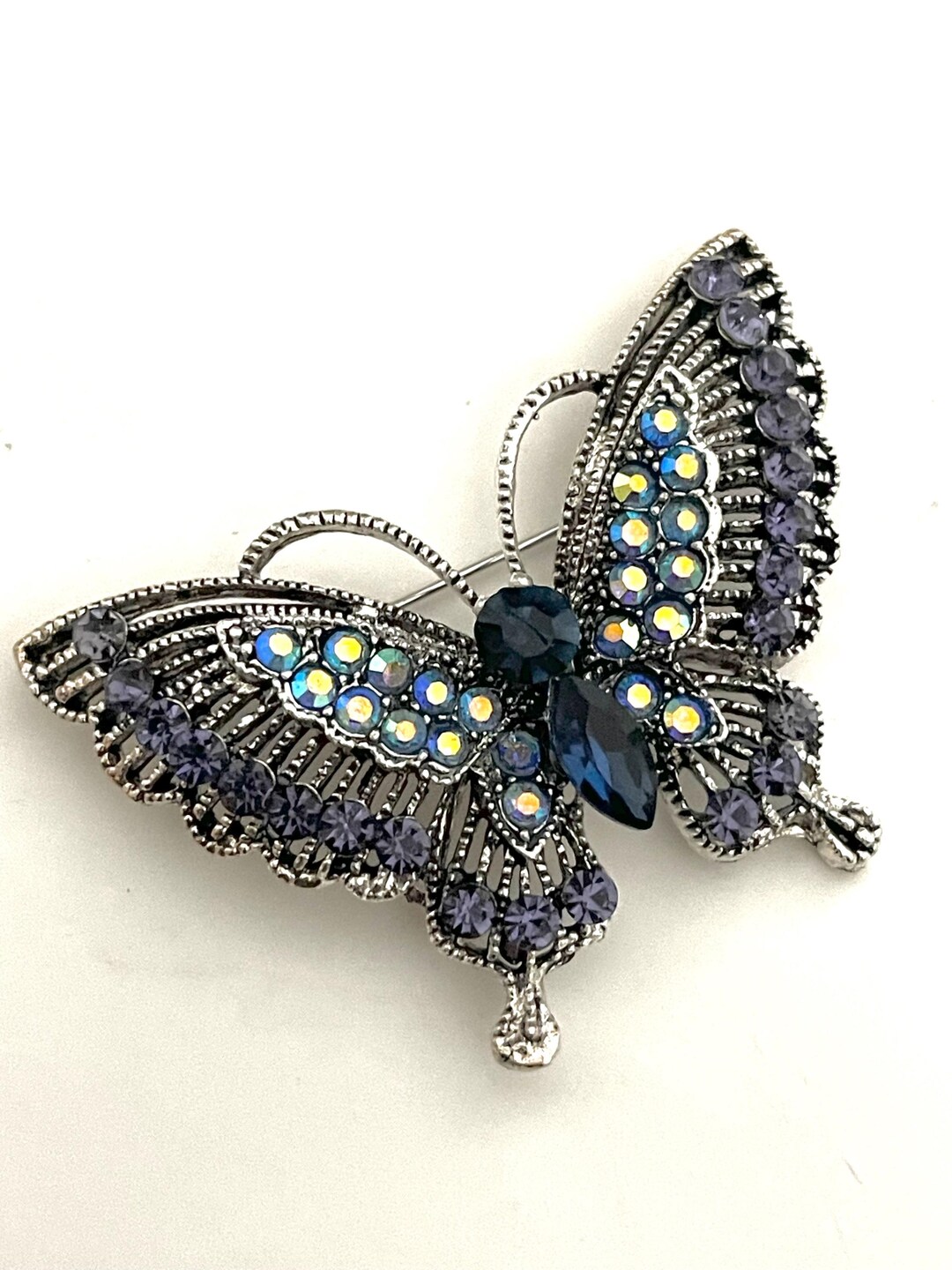 Vintage Dark Lapiz Blue Butterfly Rhinestone Brooch Pin and Pendant ...